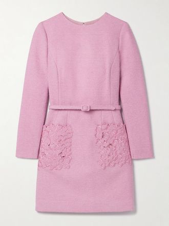 Oscar De La Renta Minikleid Aus Boucl&eacute;-tweed Aus Einer Baumwollmischung Mit Stickereien Und G&uuml;rtel - Pink