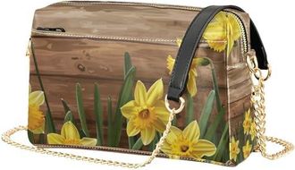 Mnsruu Sacs à bandoulière pour femme, jonquilles jaunes sur bois et cuir, sac à main