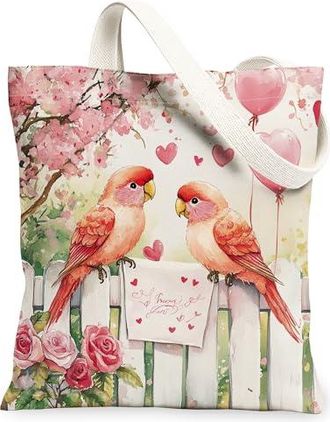 Generic Sac fourre-tout r&eacute;utilisable en toile pour le shopping, motif perroquets, 33 x 38 cm, pour la Saint-Valentin, cl&ocirc;ture, fleurs, sac d&eacute;picerie pour femm