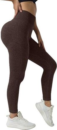 Generic Legging c&ocirc;tel&eacute; pour femme - Sans couture - Taille haute - Contr&ocirc;le du ventre - Pantalon de yoga pour femme - Legging fronc&eacute;, marron, L