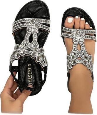 Generic Sandales plates &agrave; strass pour femme 2026, largeur large, boh&egrave;me, &eacute;tincelant, antid&eacute;rapantes, d&eacute;contract&eacute;es, chaussures de plage d&eacute;t&eacute;, sangle &eacute;lastique