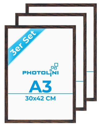 Photolini Bilderrahmen A3 Holz MDF Eiche Dunkel, 3er Set A3 Bilderrahmen 30x42, DIN A 3 Rahmen mit Acrylglas, Picture Frame 42x30 zum Aufh&auml;ngen, Rahmen 42 x 30 