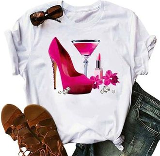 Keephen Verre &agrave; Vin T-Shirt pour Femmes Nouveaut&eacute; Verre &agrave; Vin Impression 3D T-Shirts &Eacute;t&eacute; Col Rond Manches Courtes Chemises &Eacute;t&eacute; Tee Casual Tops