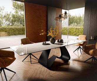 DELIFE Esstisch Edge 300x100 cm Keramik Onyx Champagne W-Gestell Metall Schwarz, Esstische