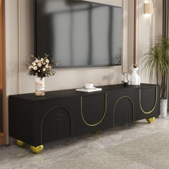 Urban Meuble Urban Meuble - Meuble tv noir luxueux avec portes sculptées et pieds dorés 170x38x44cm