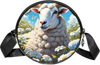Generic Sac &agrave; bandouli&egrave;re rond pour femme, motif fleur de mouton, petit sac &agrave; bandouli&egrave;re avec fermeture &eacute;clair, bretelles r&eacute;glables, sac &agrave; main rond d&eacute;contra