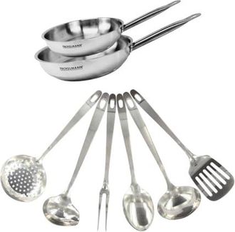 Fackelmann Fackelmann 9439550 Pfannenset aus Edelstahl 18/8 (20 und 24 cm) mit 6 Utensilien - f&uuml;r alle Herdarten und Induktion, ohne PFAS, genieteter Griff
