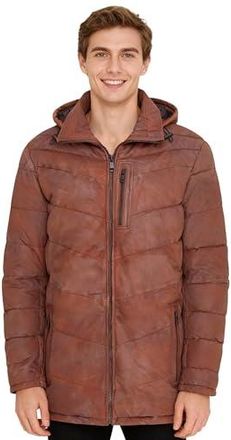 Infinity Leather Doudoune matelass&eacute;e chaude en cuir dagneau marron clair pour homme, avec capuche amovible