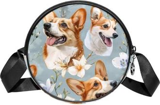 Generic Sac &agrave; bandouli&egrave;re rond pour femme, motif fleurs Corgi, petit sac &agrave; bandouli&egrave;re avec fermeture &eacute;clair, bretelles r&eacute;glables, sac &agrave; main rond d&eacute;contract&eacute;