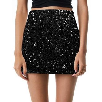 Generic Jupe moulante pour femme avec bordure &agrave; paillettes, taille haute pour des tenues de soir&eacute;e glamour, Noir, XL