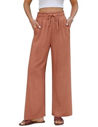 Heekpek Pantalon d&eacute;t&eacute; en lin pour femme - L&eacute;ger et a&eacute;r&eacute; - Coton et lin - Jambes larges - Pantalon d&eacute;t&eacute; ample - Pantalon de loisirs - &Eacute;lastique - Taille haute 
