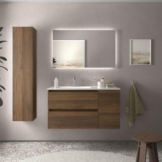 Cygnus Bath Meuble de salle de bain BEQUIA Plus 100cm Noyer Vasque Porcelaine Robinet &agrave; gauche