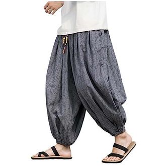 Generic Pantalon bouffant en lin pour hommes : pantalon bouffant avec imprim&eacute; pantalon sarouel avec taille &eacute;lastique pantalon &eacute;vas&eacute; pantalon en lin surdimensi