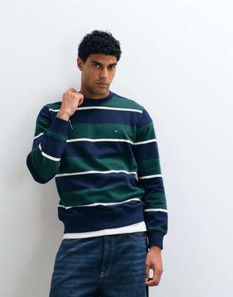 Tommy Hilfiger Sweat-shirt ras de cou &agrave; logo drapeau et rayures - Bleu marine/vert