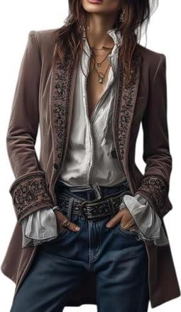 Generic Veste longue brodée en velours de polyester bleu marine, broderie col en V solide rétro, manteau bohème gothique, vintage, rose, XXL