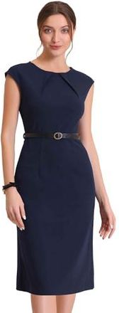 Allegra K Robe de bureau élégante pour femme - Col rond - Manches courtes - Ceinturée, noir foncé, S
