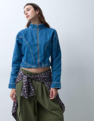 Asos veste en jean zipp&eacute;e &agrave; col montant bleu moyen