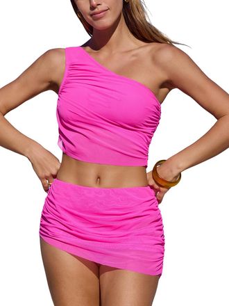 Cupshe Damen-Bikini-Set, zweiteilig, eine Schulter, ger&uuml;schtes Netzgewebe, mittelhoher Rock, asymmetrisch, neon pink, Medium