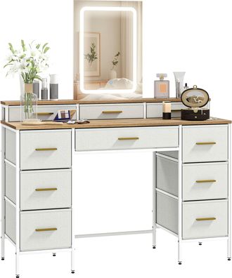 HOMCOM Schminktisch mit Spiegel und 3-farbigen LED-Leuchten, Schminktisch mit 10 Stoffschubladen, Stahlf&uuml;&szlig;e, moderner Stil, 118,5 x 39,5 x 140 cm, Naturholze