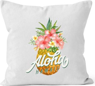 Autiga Kissenbezug Ananas Aloha Hawaii Blumen Tropical Paradise Kissen-H&uuml;lle Deko-Kissen quadratisch Baumwolle wei&szlig; Unisize