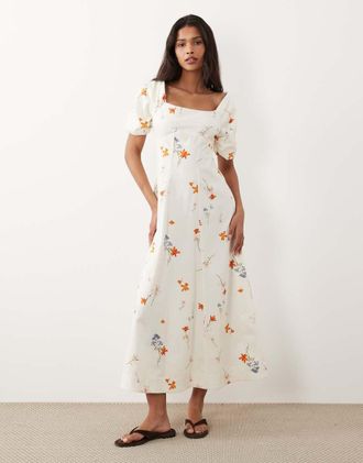 Asos Robe mi-longue en satin de coton avec encolure carr&eacute;e et liens dans le dos - Imprim&eacute; &agrave; petites fleurs-multicolore