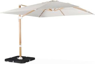 Sweeek Parasol d&eacute;port&eacute; carr&eacute; ecru 3x3m structure effet bois + Lot de 4 dalles &agrave; lester 50x50cm