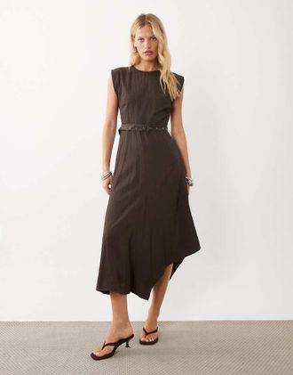 Mango robe midi sans manches avec ceinture marron