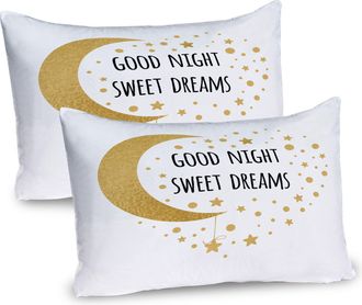 Abakuhaus Sprichwort Kissenbezug Packung mit 2, Good Night Sweet Dreams Beschriftung mit Halbmond Sternen und Planeten Muster, Dekorativer Gedruckter Kissenbezu