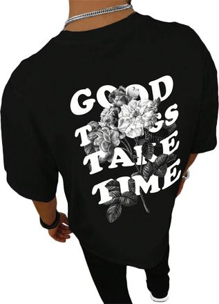 TOMWELL Oversized Tshirt Herren Rundhals Kurzarm Lose Sommer Oberteile Mode T-Shirt mit Backprint Vintage Drucken Streetwear Sport Casual Lang Tops A Schwarz 