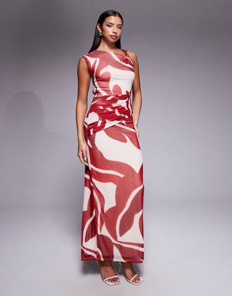 Forever New Karina - Maxikleid aus Netzstoff in Rot mit abstraktem Muster und Zierknoten vorne-Bunt