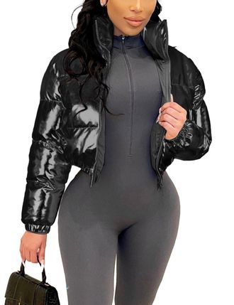 Generic Flygo Damen Metallic Gl&auml;nzende Verk&uuml;rzte Gesteppte Pufferjacke - Gepolsterte Daunenmantel mit Rei&szlig;verschluss Oberbekleidung, Schwarz, S