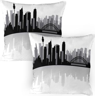 Abakuhaus Stadt Kissenbezug Packung mit 2, Schattenbild-Art Grafik von Sydney, Australien Skyline Metropole, Dekorativer Standard Gedruckter Kissenbezug, 80 x 8