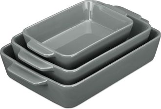 Relaxdays Auflaufform Set, Keramik, 3 Gr&ouml;&szlig;en, eckig, Ofenform f&uuml;r Lasagne, Gratin, Tiramisu, sp&uuml;lmaschinenfest, grau