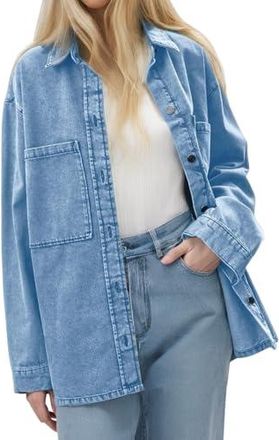 Generic Vestes r&eacute;tro &agrave; manches longues pour femmes, veste en jean bleue, grande poche, chemise d&eacute;contract&eacute;e, bleu clair, XXL
