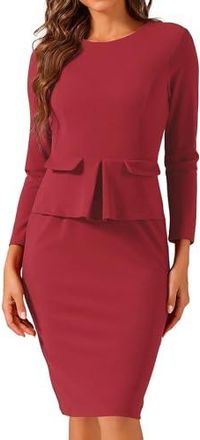 Allegra K Robe Crayon Moulante pour Femme col Rond Manches 3/4 Peplum Porter au Travail Robe Fourreau de Bureau Costume dhalloween Rouge S