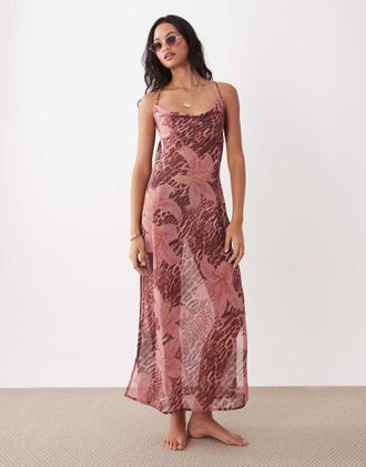 Aray Transparentes Maxi-Strandkleid mit Blumen- und Leopardenmuster-Brown