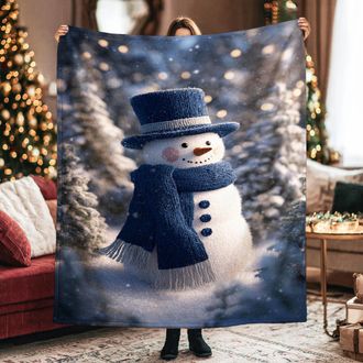 Generic Schneemann-&Uuml;berwurfdecke, Winterm&uuml;tze, Schal, Winter-blaue Pl&uuml;schdecke, leicht, kompakt, &auml;sthetisch, f&uuml;r Couch, Sofa, Bett, Schlafsaal, Stuhl, Auto, L