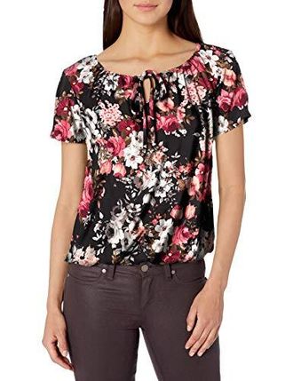 Star Vixen Womens Short/Slit Sleeve Keyhole-tie Peasant Top Bubble Hem Blouse, Motif Floral Noir, XL Femme