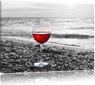 Pixxprint Weinglas am Steinstrand Schwarz, B&W, Größe: 120x80cm, Leinwandbild, fertig gespannt, Wandbild, Dekoration, Kunstdruck, kein Poster
