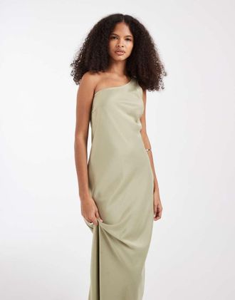 Object Satin-Maxikleid in Salbeigr&uuml;n mit One-Shoulder-Tr&auml;ger