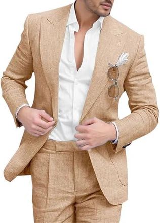 Generic Ensemble 2 pi&egrave;ces en lin pour homme - Coupe ajust&eacute;e - Style d&eacute;contract&eacute; - Pour la plage, les mariages, l&eacute;t&eacute; - Blazer &agrave; un bouton - Veste et pantalon, 
