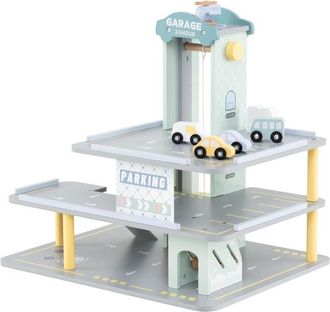 Costway Garage en Bois à 3 Niveaux Enfants avec 4 Voitures & 1 Hélicoptère, Garage de Stationnement avec Ascenseur Amovible, Station-Service &