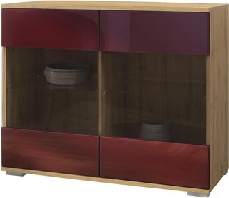 Vladon Kommode Bari V3, Moderner K&uuml;chenschrank mit 2 gro&szlig;en Glast&uuml;ren Eiche Evoke/Bordeaux Hochglanz (92,5 x 75.5 x 35)