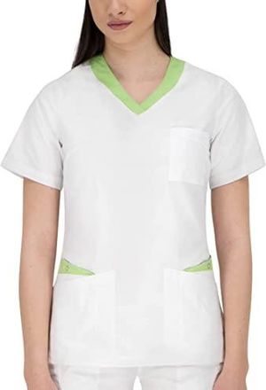B-Well Paola Blouse Medicale Femme Manche Courte Tunique M&eacute;dicale Blouse Pharmacie Uniforme M&eacute;dical Blouse Estheticienne Col V 3 Poches Blanc/Vert 38