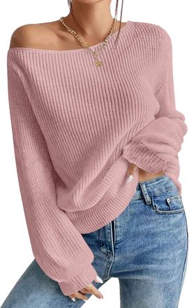 Onsoyours Pullover Damen Schulterfreier Elegant Strickpullover Asymmetrisches Langarmshirt Casual Pulli Sweater Sexy One Shoulder Oberteil Warm Lose Tunika Tops