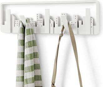 Umbra Skyline Garderobenhaken - Moderne und Platzsparende Garderobenleiste mit 5 Beweglichen Haken f&uuml;r Jacken, M&auml;ntel, Schals, Handtaschen und Mehr, Weiss