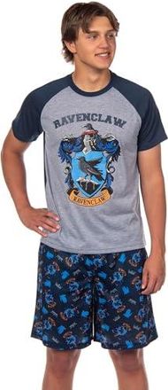 Intimo Harry Potter Château de Poudlard pour homme Ensemble 2 pièces Raglan Pyjama court - Gryffondor Serpentard Serdaigle Poufsouffle, Bleu, S