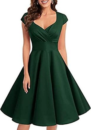 Bbonlinedress Robe de Fete Femme de Cocktail Vintage Rockabilly Robe plissée au Genou sans Manches col carré Rétro Dark Green XL