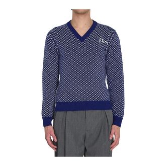 Dior Pull en maille &agrave; col en V et motif losange - Homme - Pulls - Bleu - Taille: M