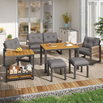 Merax Outdoor Sofa Set, Gartenlounge mit 2-Sitzer Sofa, Sessel und abnehmbarem Tisch, Eisenrahmen, geflochtene Armlehnen, inklusive Sitzkissen, Loungeset f&uuml;